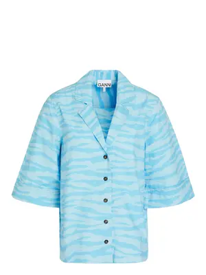GANNI Tiger-print Cotton-poplin Shirt - Light Blue