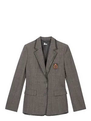 The Kooples Prince Of Wales-check Wool Jacket With Leather Piping - Brown