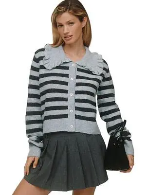 SELF CONTRAST The Asley Ruffle-Collar Cardigan Sweater Blue Stripe
