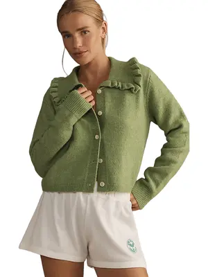SELF CONTRAST The Asley Ruffle-Collar Cardigan Sweater Green