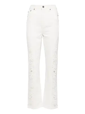 SELF-PORTRAIT Embroidered Cotton Straight Leg Jeans - White