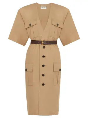 Saint Laurent Cotton Twill Midi Shirt Dress - Beige