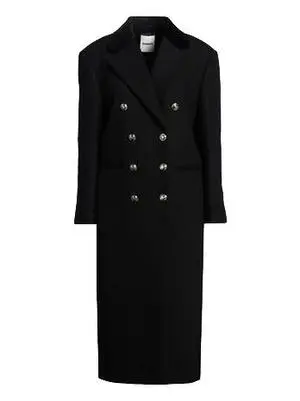 Sandro Flannel Double-breasted Coat With Velvet Trims - Black