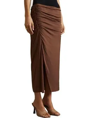 REISS Lisa Ruched Front Slit Midi Skirt - Chocolate