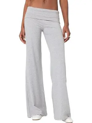 EDIKTED Wide Leg Fold Over Pants - Light Gray Melange
