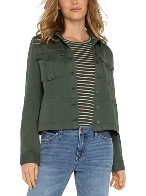 LIVERPOOL Peplum Hem Trucker Jacket Moss Green