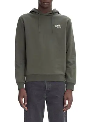 A.p.c. Rue Madame Embroidered Stretch Cotton Hoodie - Tjk Military Kaki/ecru