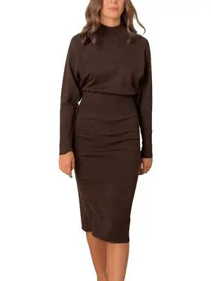 HOPE & HENRY Mock Neck Dolman Sleeve Sweater Dress - Chocolate Heather