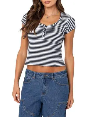 EDIKTED Kady Stripe Henley Top - Navy