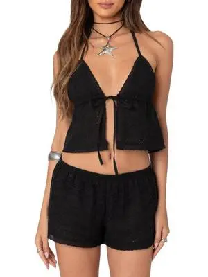 EDIKTED Jael Eyelet Halter Crop Top - Black