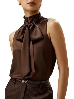 Lilysilk Sleeveless Silk Blouse With Tie Neck - Chocolate