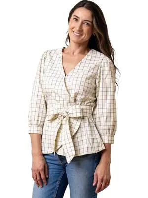 HOPE & HENRY Organic Puff Sleeve Wrap Top Ivory And Navy Windowpane