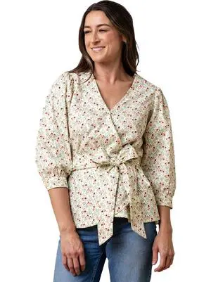 HOPE & HENRY Organic Puff Sleeve Wrap Top Ivory Meadow Floral