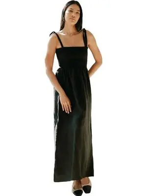 WHIMSY + ROW Smocked Bodice Maxi Dress With Tie Straps Black