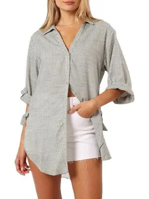 PETAL & PUP Wren Oversized Striped Button-up Shirt - Olive
