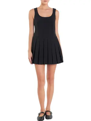 English Factory Pleated Sleeveless Minidress - Black