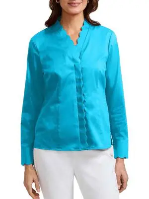 Foxcroft Bridget Scalloped Matte Sateen Button-up Shirt - Ibiza Turq