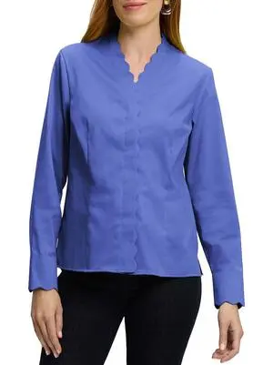 Foxcroft Foxcroft Bridget Scalloped Matte Sateen Button-Up Shirt Lapis