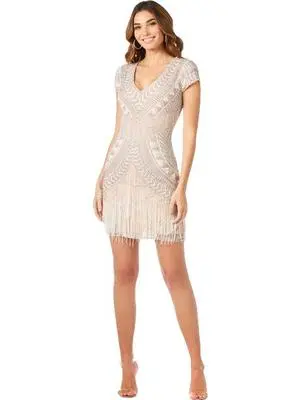 LARA NEW YORK Brooklyn Beaded Short Dress - Nudeivory