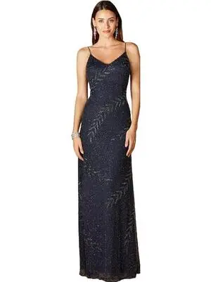 LARA NEW YORK Beaded Spaghetti Strap Gown - Navy