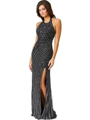 LARA NEW YORK Giselle Beaded Halter Gown With Slit - Blackmulti