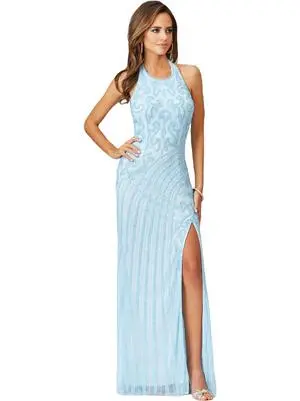 LARA NEW YORK Giselle Beaded Halter Gown With Slit - Periwinkle