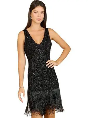 LARA NEW YORK Beaded Fringe Cocktail Dress - Black
