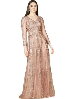 LARA NEW YORK Long Sleeve Beaded Gown - Mauve