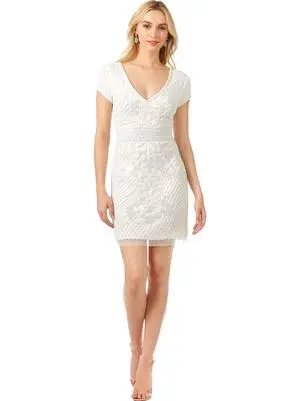 LARA NEW YORK V-neck Beaded Mini Sheath Dress - Ivory