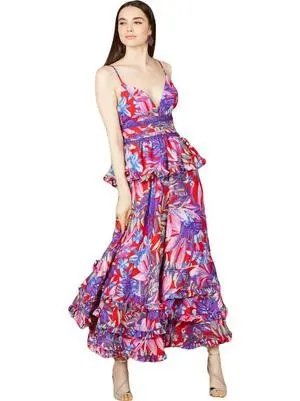 LARA NEW YORK Ruffle Skirt Printed Gown - Red