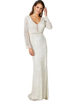 LARA NEW YORK Flora Beaded Long Sleeve Gown - Ivory