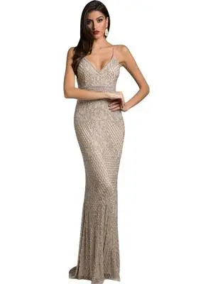 LARA NEW YORK Beaded Fringe Bodycon Gown - Nudesilver