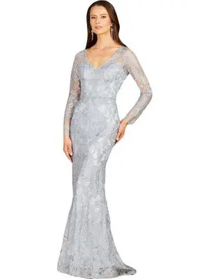 LARA NEW YORK Long Sleeve Lace Mermaid Gown - Lightblue
