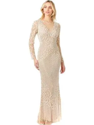LARA NEW YORK Fitted Beaded Gown - Nudeivory