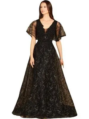 LARA NEW YORK Cape Sleeve Beaded Gown - Black