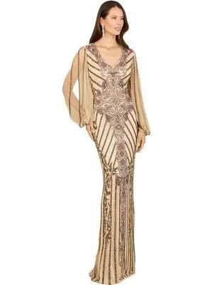 LARA NEW YORK Long Flutter Sleeve Beaded Gown - Nudemulti