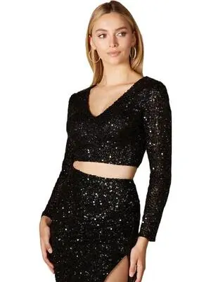 LARA NEW YORK Long Sleeve Beaded Top - Black