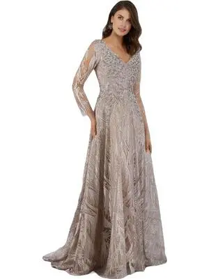 LARA NEW YORK Beaded Ballgown With Long Sleeves - Stone