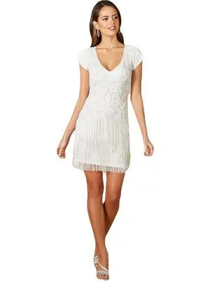 LARA NEW YORK Candie Beaded Mini Dress With Fringe - Ivory