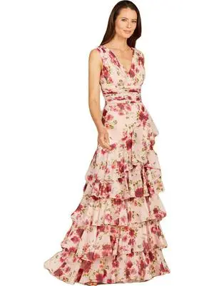 LARA NEW YORK Ruffle Skirt Print Dress - Pink