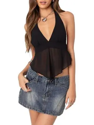 EDIKTED Ethereal Sheer Chiffon Halter Top - Black