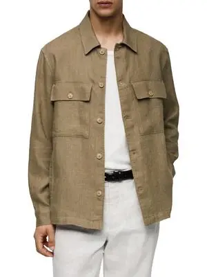 Mango Linen Button-up Shirt Jacket - Khaki Green