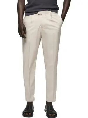 Mango Slim Fit Pleated Crop Cotton Blend Chinos - Beige