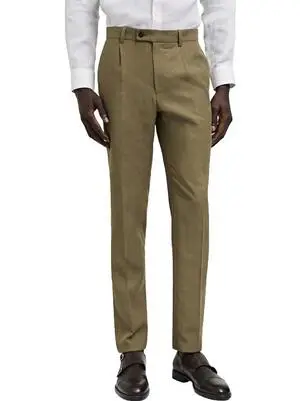 Mango Slim Fit Pleated Suit Trousers - Khaki Green