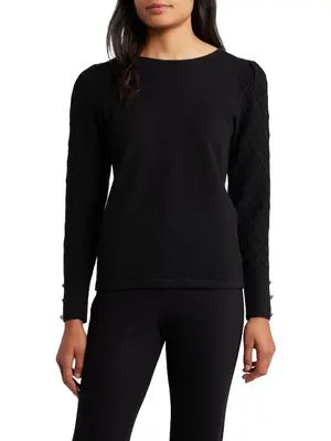 Anne Klein Anne Klein Diamond Stitch Sleeve Button Cuff Sweater Anne Black