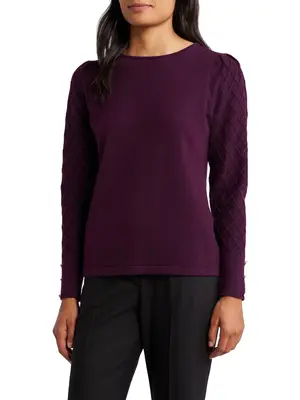 Anne Klein Anne Klein Diamond Stitch Sleeve Button Cuff Sweater Deep Plum