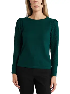 Anne Klein Anne Klein Diamond Stitch Sleeve Button Cuff Sweater Pine Forest