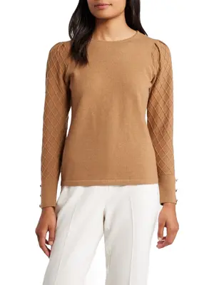 Anne Klein Anne Klein Diamond Stitch Sleeve Button Cuff Sweater Vicuna