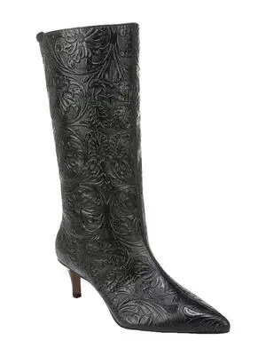 Franco Sarto Amari Floral Embossed Pointed Toe Boots - Black Embossed