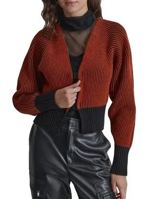 Dkny Contrast Rib Cardigan - Russet/black
